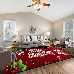 FUYEUN 5' X 7' Christmas Rug Merry Xmas Door Mat Non-Slip Indoor Outdoor Front Door Doormat Living Room Bedroom Entrance Rug Happy Xmas Home Festive Decoration