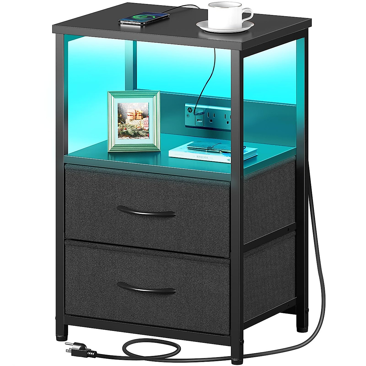 Seventable Nightstand with Charging Station, Bedside Table with LED Lights, Night Stand with 2 Fabric Drawers, 3-Tier Storage End Table for Bedroom, Black
