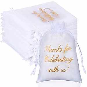 100 Pcs Thank You Bags Sheer Organza Bags Wedding Party Favor Bags with Drawstring Thanks for Celebrating with Us Gift Wrap Bags Mesh Mini Gift Bags for Jewelry Makeup Candy Sachet (White,4 x 6 Inch)