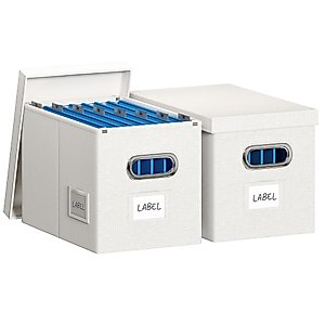DYWMM Hanging File Box with Lid, Set of 2 Filing Organizer Storage Box, Linen Collapsible Decorative Office/Home File Cabinet (14x9.3x10.9 inch) (Off White)