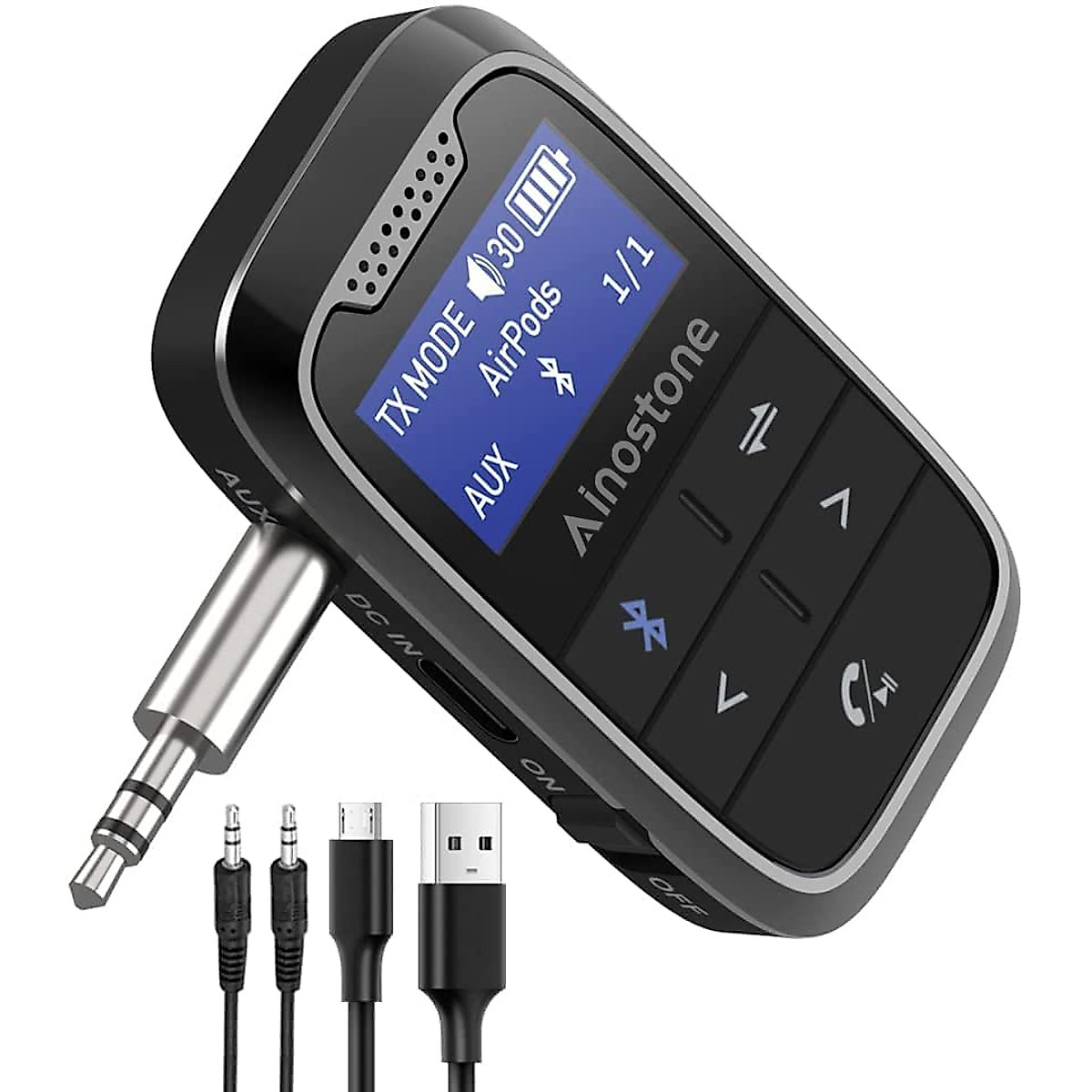 Ainostone Bluetooth 5.0 Transmitter Receiver 2-in-1 Bluetooth Adapter 3.5mm Aux Rechargeable Music Stream Handsfree Calls, Wireless Audio Adapter with LCD Screnn for Car Headphone Stereo TV Airplane