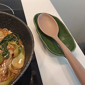 Cozinest Spoon Rest for Stove Top, Teak Wood Spoon Holder for Countertop, Ceramic Spoon Rest for Kitchen Counter, Serving Platter Décor Display Fruit Snacks Appetizer Wood Green Leaf (Ceramic)