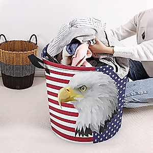 American Flag Bald Eagle Large Laundry Basket Hamper Bag Washing with Handles for College Dorm Portable