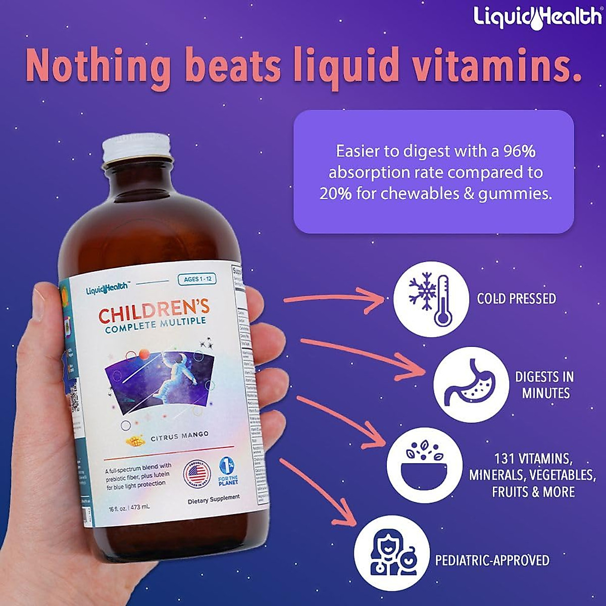 LIQUIDHEALTH Children's Complete Liquid Multivitamin for Kids, Toddlers - Essential Vitamins, Nutrients & Minerals, Immune Support, Gut Health - Great Taste, Vegan, Non GMO, Sugar-Free (16 oz)