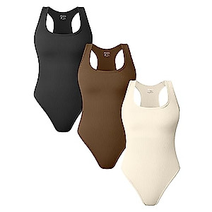 OQQ Women's 3 Piece Bodysuits Sexy Ribbed Sleeveless Racerback Tank Tops Bodysuits Black Coffee Beige