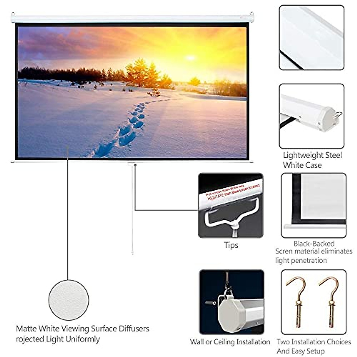 FMOGE Portable Folding 84 Inch 16:9 Manual Pull Down Projector Warp Knitted White Plastic Projection Screen Home Theater Movie
