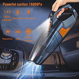 Fedemer Handheld Vacuum Cleaner, 16000PA Powerful Suction Cordless Rechargeable, for Car Home Office Cleaning with LED Light GV03 Black/Orange