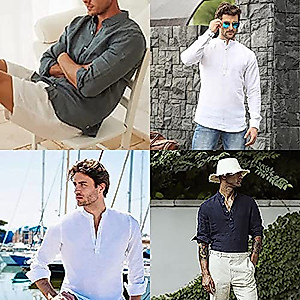 Enlision Beige Casual Henley Shirts for Men Summer Beach Long Sleeve Cotton Linen Hippie Shirt Hawaiian Tropical Button Down Yoga Top Shirt Khaki