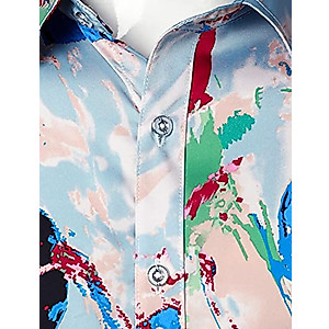 ZEROYAA Men's Hipster Splash Printed Slim Fit Long Sleeve Button Up Satin Dress Shirts for Party Prom ZLCL36-101-Blue X-Large