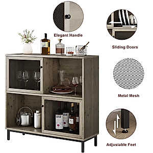 IDEALHOUSE Coffee Bar Cabinet, Farmhouse Sideboard Buffet Cabinet with Storage, Wine Liquor Bar Cabinet with Metal Sliding Door, Wood Accent Cabinet for Kitchen, Dining Room, Living Room, Grey