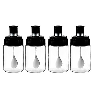 Kitchen Clear glass Spice Jars Seasonning Box Set of 4 with Spoons, Seasoning Containers Bottles with Black Cap,10oz for Home and Kitchen (4)