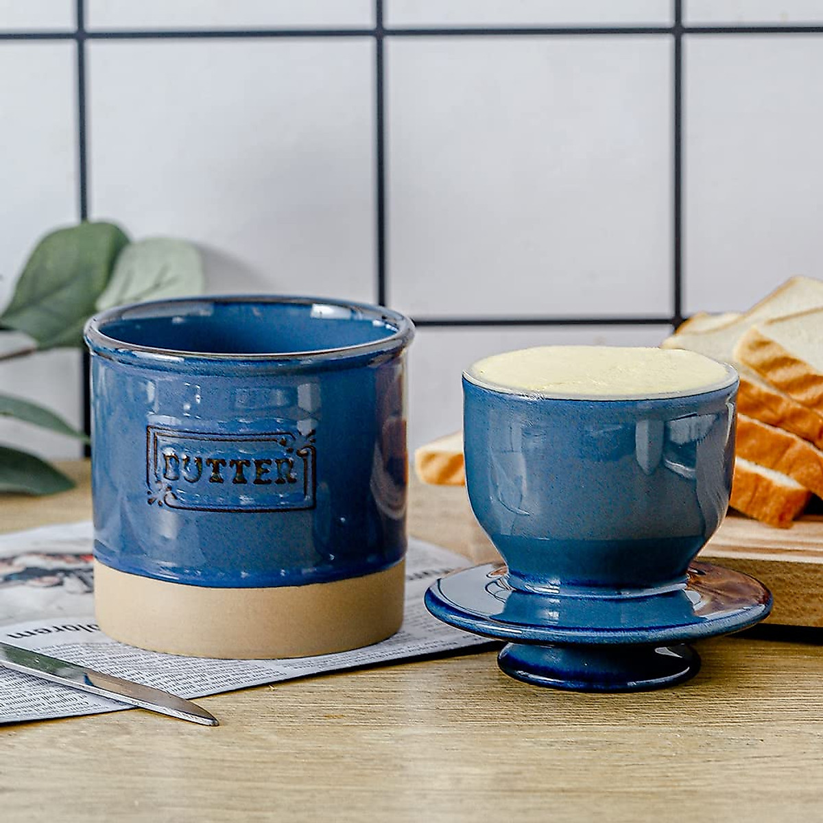 HVH Ceramic Butter Crock, French Butter Dish with Lid for Countertop, Butter Keeper for Counter, Butter Crock with Water, Butter Holder for Soft Butter, Farmhouse Style(Blue)