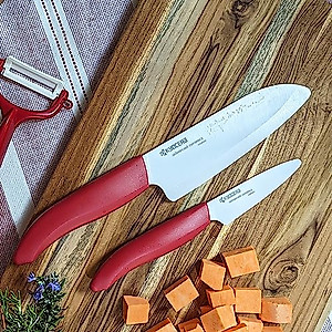 Kyocera 3-Piece Ceramic Knife Set: Includes 6-inch Chef's Knife, 5-inch Micro Serrated Knife, and 3-inch Paring Knife - Red Handles with White Blades