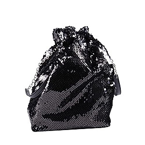 VALICLUD 2pcs Single Shoulder Evening Girls Fashion Handbag - Girl Sequined Bucket Tote Women Clutch Sequins Purse Glitter Sequences with for Draw Strap Chain Messenger Black Sequin Bag