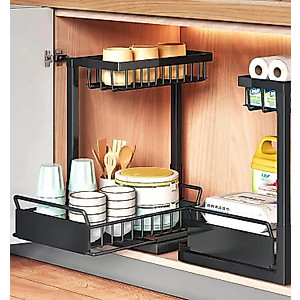 2 Pack Under Sink Organizer,Under Counter Shelves,Under Cabinet Storage Shelves,Spacekeeper Under Sink Organizer,Bathroom Under Sink Organizer Kitchen,Under Sink Organizers And Storage-Black