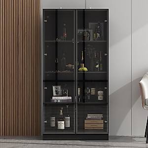 Homsee Bookcase Bookshelf with 4-Tier Shelves, 2 Glass Doors and LED Lights, Wooden Display Storage Cabinet for Home Office, Living Room, Black (31.5”W x 15.7”D x 63”H)