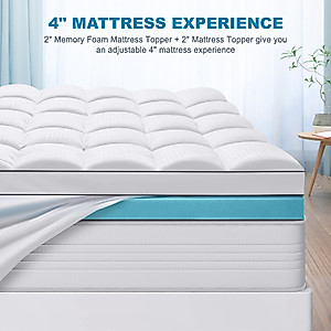 MASVIS Queen Size Dual Layer 4 Inch Memory Foam Mattress Topper, 2 Inch Gel Memory Foam and 2 Inch Cooling Pillow Top Mattress Pad Cover for Back Pain, Medium Support
