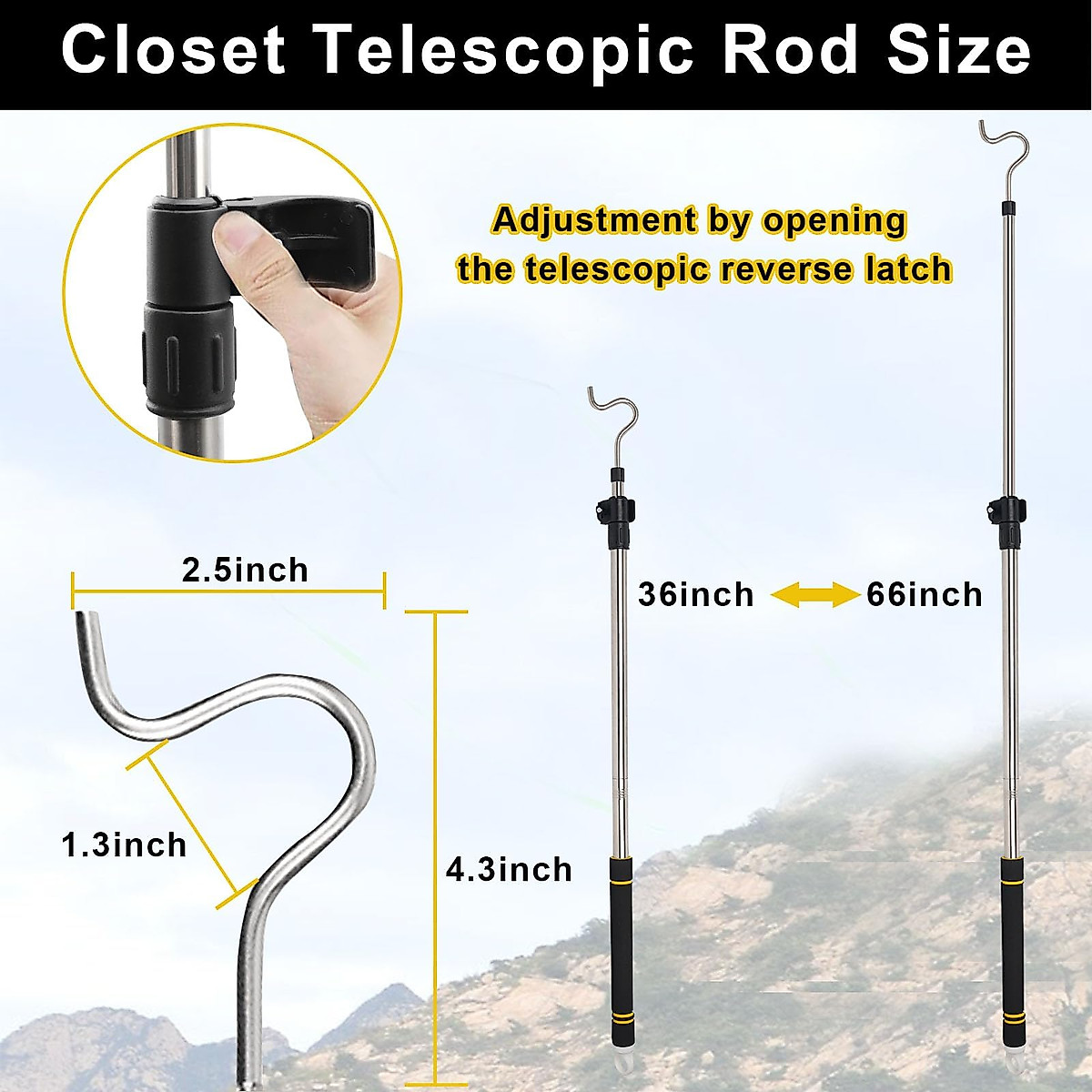 Clothes Hanger Reaching Hook, Attic Pull Down Hook Extendable 36-66inch Sponge Handle Hard to Break Apply to Closet Poles for Hanging Clothes Closet Extender Hanging Rod Clothesline Pole.