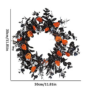 Halloween Floral Wreath Hangers, 11.81inch 35cm Round Artificial Leaf and Branch Pumpkin Cards Garland for Inside Outside, Farmhouse, Porch Wall or Window Decor Sign Front Door Decoration