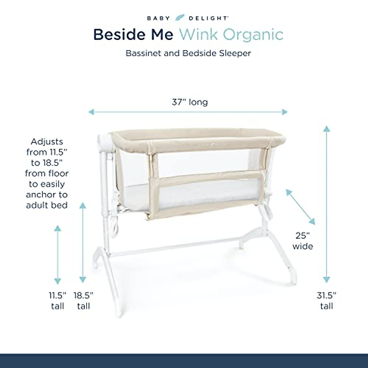 Baby Delight Beside Me Wink Organic Bassinet | Bedside Sleeper | 7-Position Height Adjustment | Organic Oat