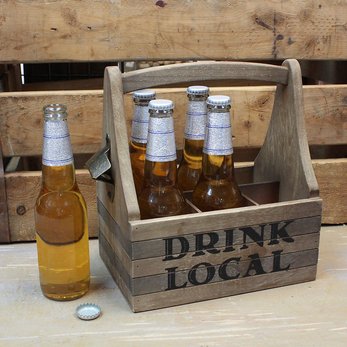 Stonebriar Drink Local Beer Caddy with Handle and Metal Bottle Opener, Large, Brown