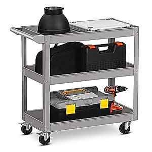 IRONMAX 3-Tier Utility Service Cart, 400 Lbs Heavy Duty Metal Trolley Rolling Cart w/Ergonomic Flat Handle, Lockable 360°Swivel Wheels, Chic Mechanic Tool Cart for Garage Warehouse & Repair Shop