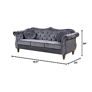Container Furniture Direct Anna1 Chesterfield Velvet Couches for Living Room, Button Tufted Luxury Upholstery with Rolled Arms, High-Density Foam, Durable Wood Frame, 79.5" Sofa, Lava Gray
