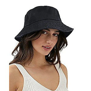 Camptrace Bucket Hat for Women Men Canvas Washed Cotton Trendy Distressed Womens Summer Beach Sun Hats with Detachable String (Black, Large)