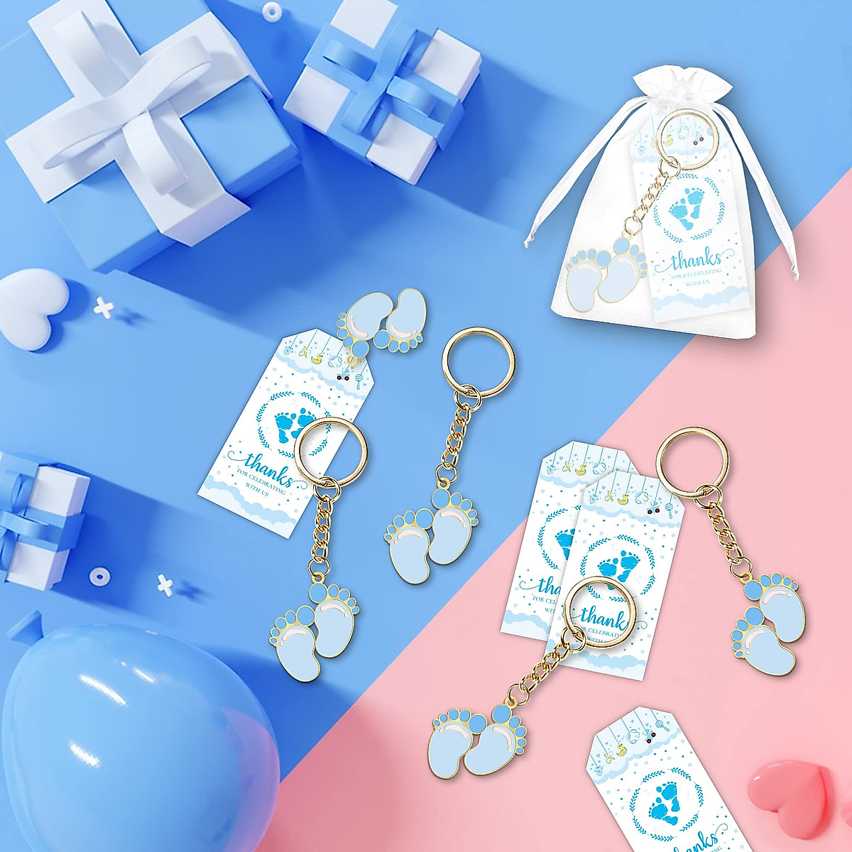 BUYWUMORE 12 Sets Baby Shower Favors for Boy Blue Footprint Keychain Gifts with White Organza Bags and Thank You Tags for Oh Baby It's a Boy Baby Shower Party Decorations Supplies(Boy)