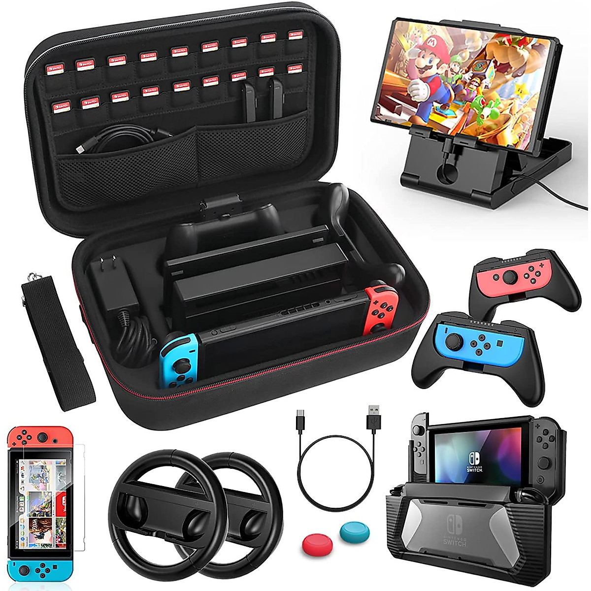 HEYSTOP Switch Accessories Bundle 12 in 1 Compatible with Nintendo Switch, Gift Kit with Carrying Case, Protective Case Cover, Screen Protector, PlayStand, Joycon Grip & More (Black)