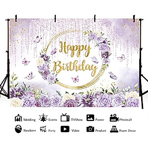 MEHOFOND 10x7ft Spring Purple Floral Happy Birthday Backdrop Girl Violet Dripping Glitter Bday Photography Background Princess Bday Party Banner Cake Smash Gold Spots Vinyl Decor Photo Studio Prop
