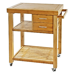 Home Aesthetics Rolling Kitchen Island Cart with Drawers Shelves, Towel Rack, Locking Casters, Butcher Block Food Prepping Cart Trolley on Wheels, Bamboo Wood