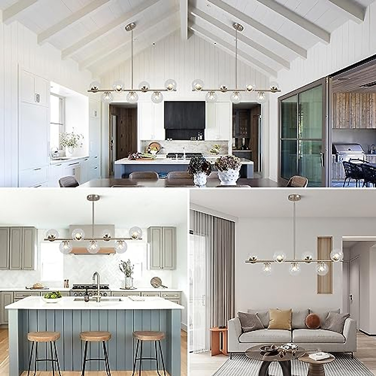 KCO Lighting Modern 7-Light Brushed Nickel Metal Large Chandelier Nordic Clear Glass Globe Farmhouse Pendant Light Silver Minimalist Adjustable Kitchen Island Hanging Ceiling Lights