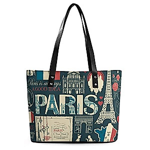 Womens Handbag French Paris Patterns Leather Tote Bag Top Handle Satchel Bags For Lady