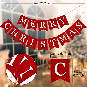 Whaline Merry Christmas Canvas Banners, Red Christmas Bunting Garland, Hanging Xmas Decorations for Fireplace Wall (13ft in total)