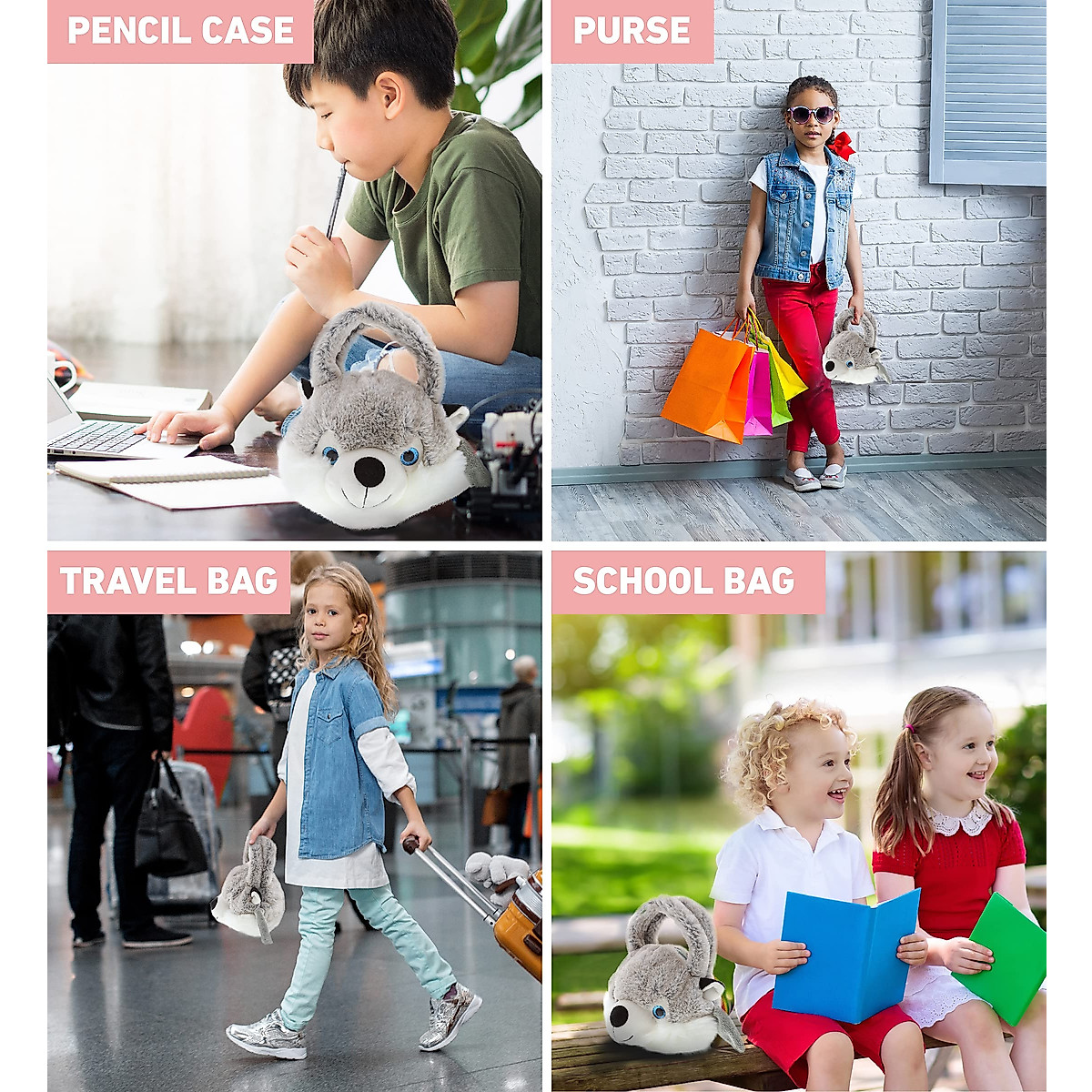 DolliBu Husky Plush Handbag - Super Soft Plush Stuffed Animal Purse for Children's Accessories, Kids Hand Bag Toy Purse, Pretend Play, Fluffy Dress Up Toy Purses for Girls & Boys