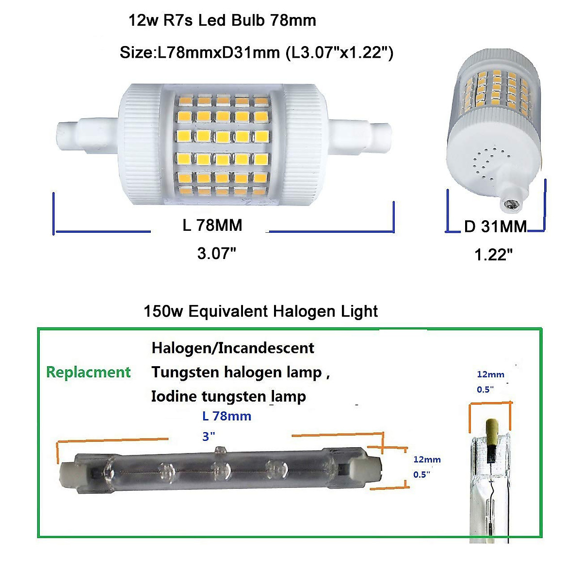 QLEE Dimmable 12w R7s Led Bulb 78mm Daylight 150w Equivalent Halogen Light 3.1" Double Ended J Base T3 R7s 150w 120v Flooding Light Reading Working Security Floor Lamp Soft Light 2PCS