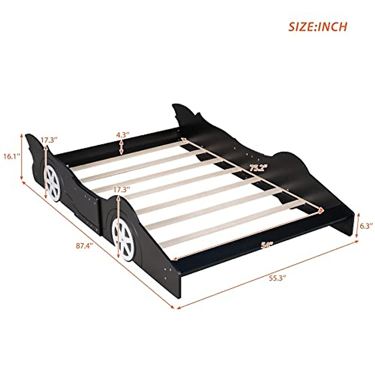 Zaboro Full Size Race Car-Shaped Platform Bed for Children, Solid Wood Bed Frame with Safety Rails and Wheels, Modern Low Bed with Sturdy Slats Support for Boys and Girls, No Box Spring Needed, Black