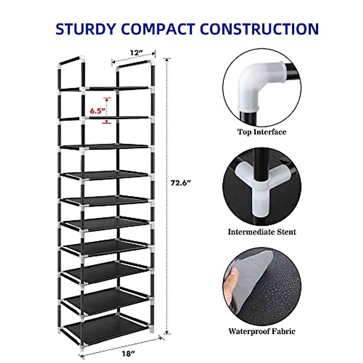 ERONE Tall Shoe Rack 10 Tiers Narrow Shoe Storage Rack 20 Pairs Shoes and Boots Shoe Shelf Organizer Black Metal Space Saving Slim Shoe Tower Cabinet for Closet Entryway