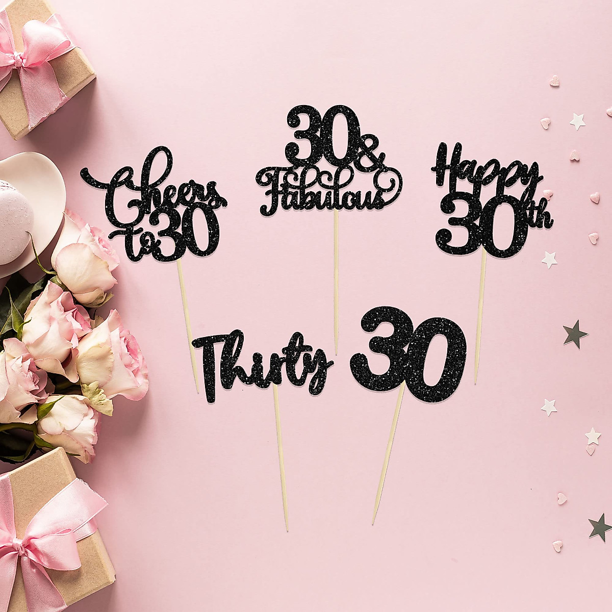 30 Pack Happy 30th Birthday Cupcake Toppers Black Glitter Thirty Cheers to 30 Birthday Cupcake Picks for Happy 30th Birthday Anniversary Party Cake Decorations Supplies
