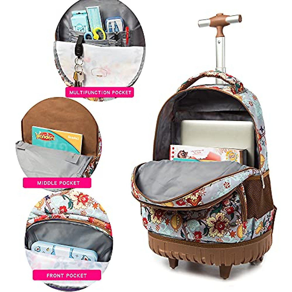 Jasminestar Rolling Backpack 18 inch Wheeled Kids Backpack with Lunch Bag and Pencil Case for Boys and Girls