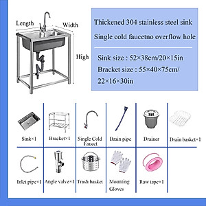 SEYFI Kitchen Sinks Freestanding Stainless Steel for Kitchen Single Bowl Commercial Restaurant Kitchen Sink, for Laundry, Backyard, Garage, Restaurant/Hot and Cold/Single Cold/52 * 38