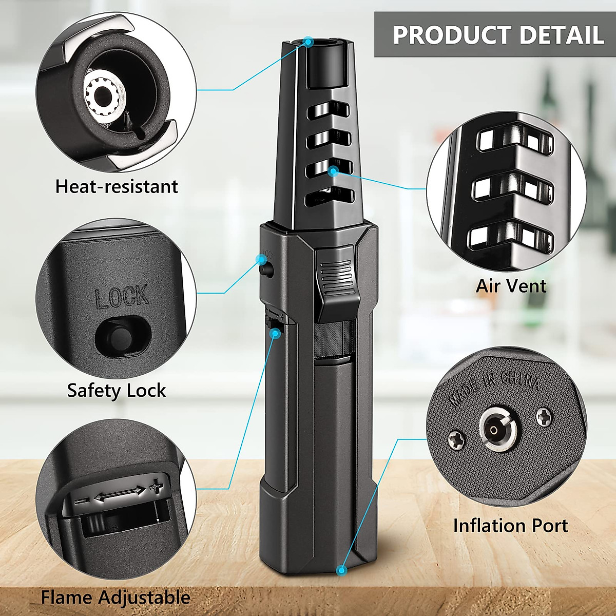 Butane Torch, Refillable Kitchen Torch Lighter with Safety Lock Adjustable Flame Solar Beam Torch Blow Torch with Safety Lock for BBQ Baking Fireplace (Butane Gas Not Included) (Black-2)