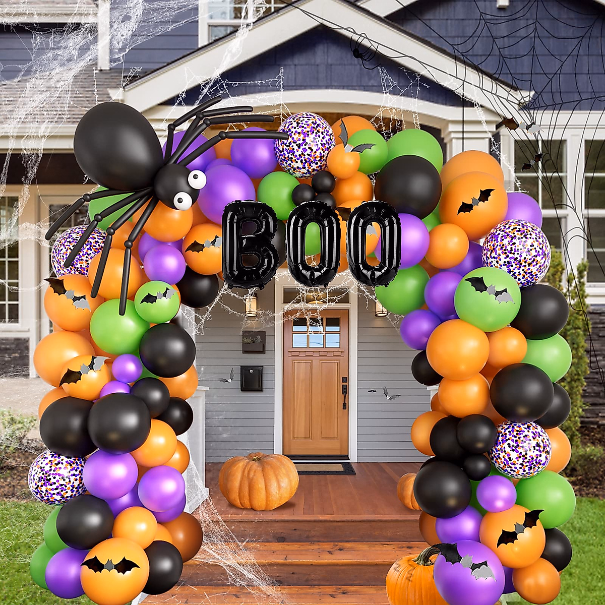 Halloween Balloons Garland Arch Kit DIY Halloween Party Supplies with BOO Foil Balloon Spider Balloon Black Orange Purple Fruit Green Confetti Balloon for Halloween Day Party Decorations