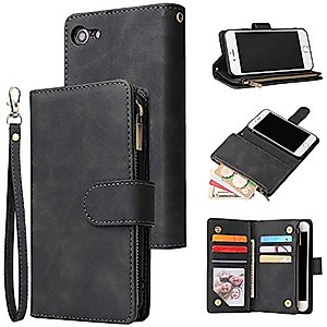 UEEBAI Wallet Case for iPhone SE 2022 5G/iPhone 7/iPhone 8/iPhone SE 2020, Premium PU Leather Magnetic Handbag Zipper Pocket Card Slots with Wrist Strap Flip Case for iPhone SE3/SE2 - Black
