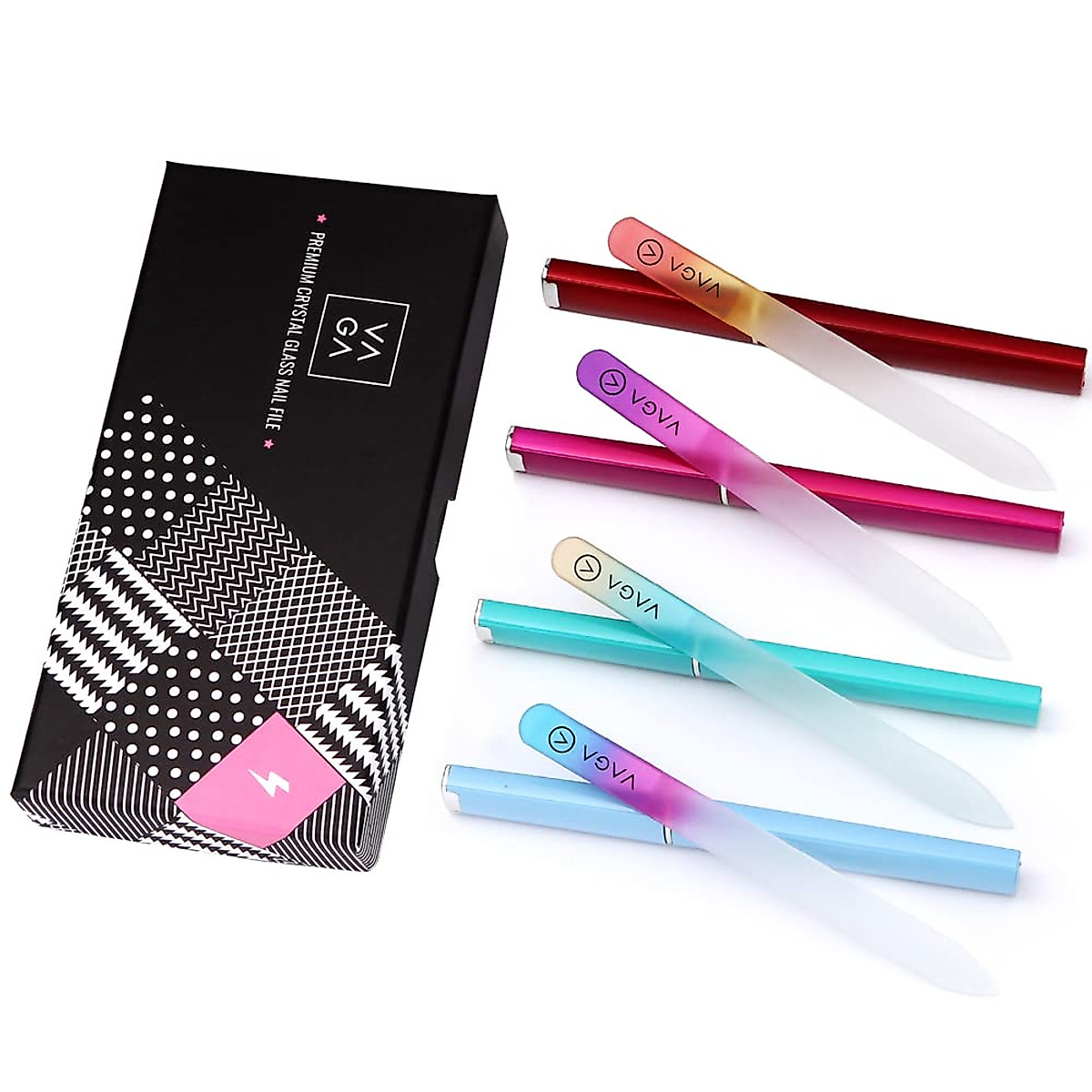 VAGA Glass Nail File with Case 4 Glass Nail Files For Natural Nails and Acrylic Nail filer, Nail Care Set of Crystal Files in Cheeky Colors, Fingernail File for Manicure, Nails Strengthener hardener