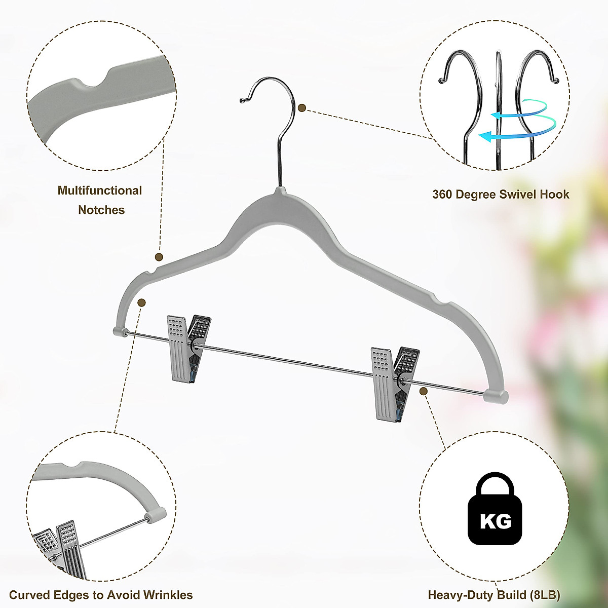 Quality Plastic 20-Pack - Non Velvet Non-Flocked Thin Compact Coat Hangers with Metal Clips for Skirts Pants Blouses - 360° Swivel Hook (Black, 20)
