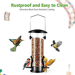 Metal Bird Feeder, Tube Bird Feeders for Outdoors Hanging, Heavy Duty Chew-Proof and Rust-Proof Tube Bird Feeder, Weatherproof & Steel Hanger, Attracting for Wild Birds (Black)