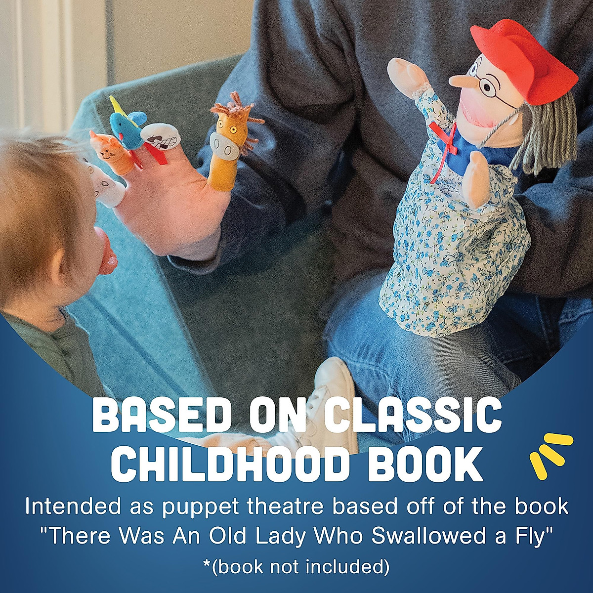 Constructive Playthings Plush "Old Lady" Doll and Animal Finger Puppet Props Set for "There Was An Old Lady Who Live Swallowed a Fly" Children's Book, For Kids Ages 3+