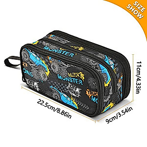 Vnurnrn Monster Truck Tires Pencil Case Large Big Capacity Pen Case 3 Compartments Pencil Bag for Girls Boys Pencil Box Stationery Bag for Teen Girls Adults Boys Girls